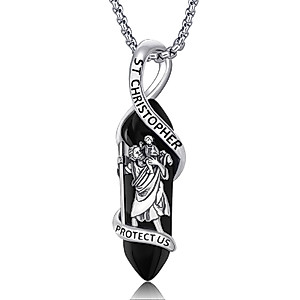 Brisskaari Black Obsidian St Christopher Necklace 925 Sterling Silver Saint Christopher Pendant Healing Crystal Point St.Christopher Necklace Religious Amulet Protection Jewelry for Men Women (Black)