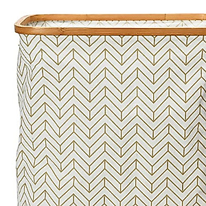 Household Essentials Bamboo Rimmed Rectangle Krush Hamper with Cutout Handles, Tan Chevron