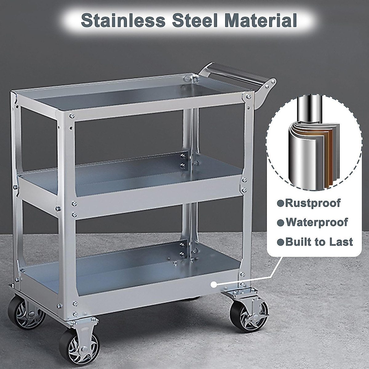 3-Tier Stainless Steel Utility Cart, 1100 lbs Heavy Duty Service Cart with Wheels, Rolling Tool Cart on Wheels, Work Cart for Mechanic, Garage, Workshop, Warehouse, 18.1" D x 30.7" W x 36.2" H