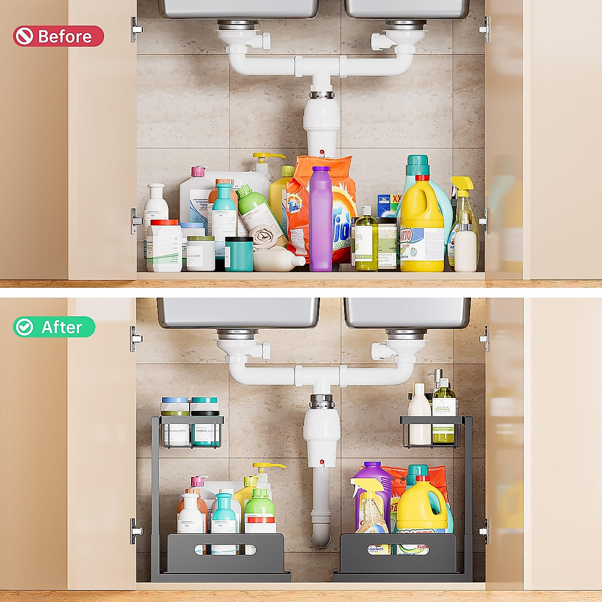 VUSIGN Under Sink Organizer and Storage 2 Pack, Slide Out Cabinet Organizer, Pull Out Sink Shelf for Kitchen Bathroom Laundry, Black