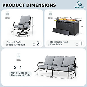MFSTUDIO 4 Pieces Patio Conversation Sets,Outdoor Metal Furniture Sofas with 1 x 45 Rectangular Propane Fire Table,1 x 3-Seat Sofa, 2 x Swivel Chairs,Grey Cushion