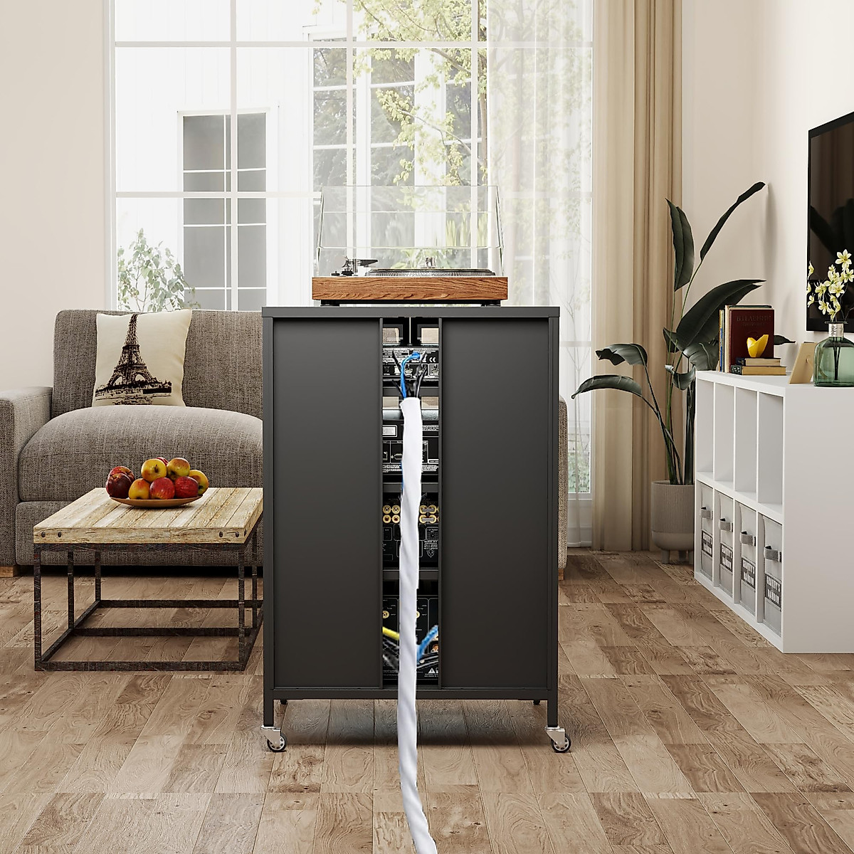 VIYET Stereo Cabinet, Metal Media Storage Cabinet with Glass Doors, Audio-Video Media Stand with 4 Adjustable Shelves, AV Cabinet for Meeting, Living, Recording Room, Require Assembly, Black