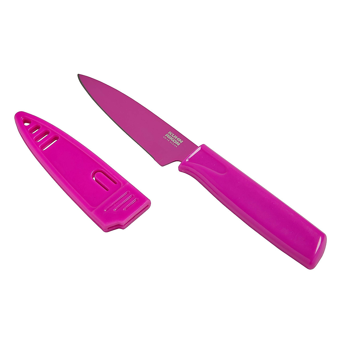 Kuhn Rikon Colori Non-Stick Straight Paring Knife with Safety Sheath, 4 inch/10.16 cm Blade, Dragon Fruit