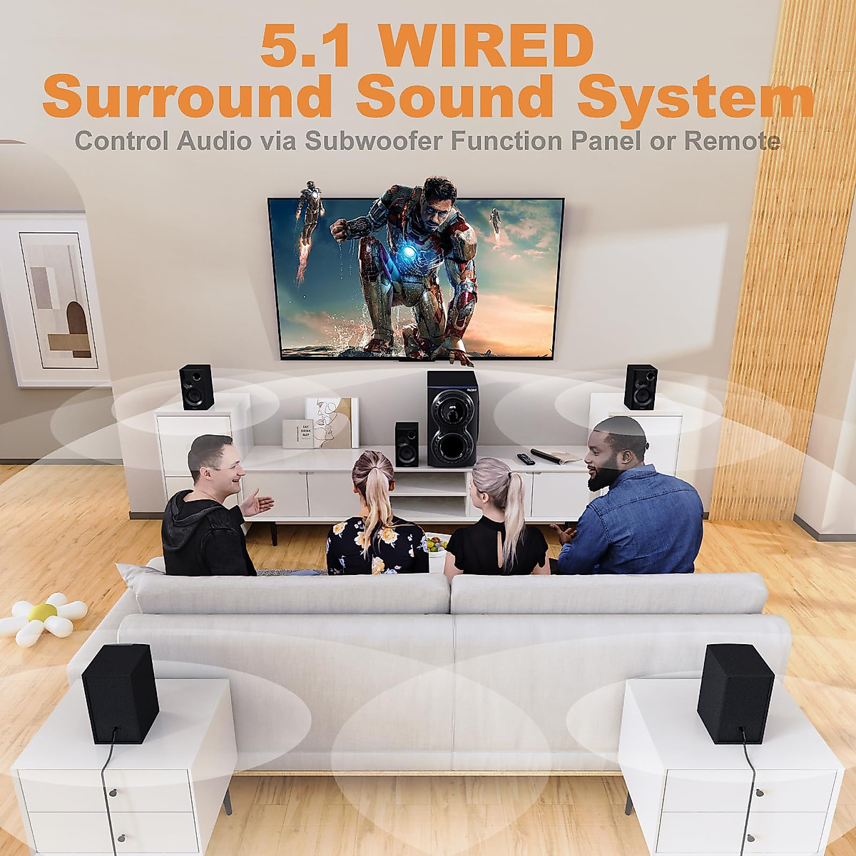 Bobtot Surround Sound Systems 1400 Watts Peak Power Home Theater Speakers - 12" Subwoofer Strong Bass 5.1 Wired Loud Stereo Audio System with Bluetooth HDMI ARC Optical Input for TV