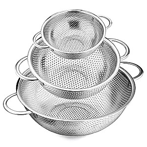 Stainless Steel Colander Set of 3 (1-3-5Quart), E-far Micro-Perforated Metal Colander Strainer with Handle for Kitchen/Draining Pasta/Rinsing Vegetables Fruits, Heavy Duty & Dishwasher Safe