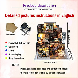 SYCW DIY Dollhouse Miniature Wooden Furniture Kit with Dust Cover and Music Box, Doll House Kit with LED Light, Mini Handmade Wooden Dollhouse Toys, Multicolored