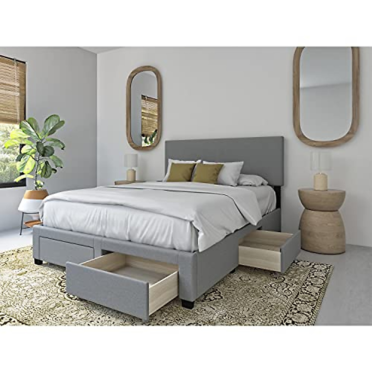 DG Casa Kelly Panel Bed Frame with Storage Drawers and Upholstered Headboard, Queen Size in Grey Linen Style Fabric