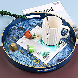 Zosenley Round Decorative Tray, Marbling Plastic Tray with Handles, Modern Vanity Tray and Serving Tray for Ottoman, Coffee Table, Kitchen and Bathroom, Size 13”, Blue