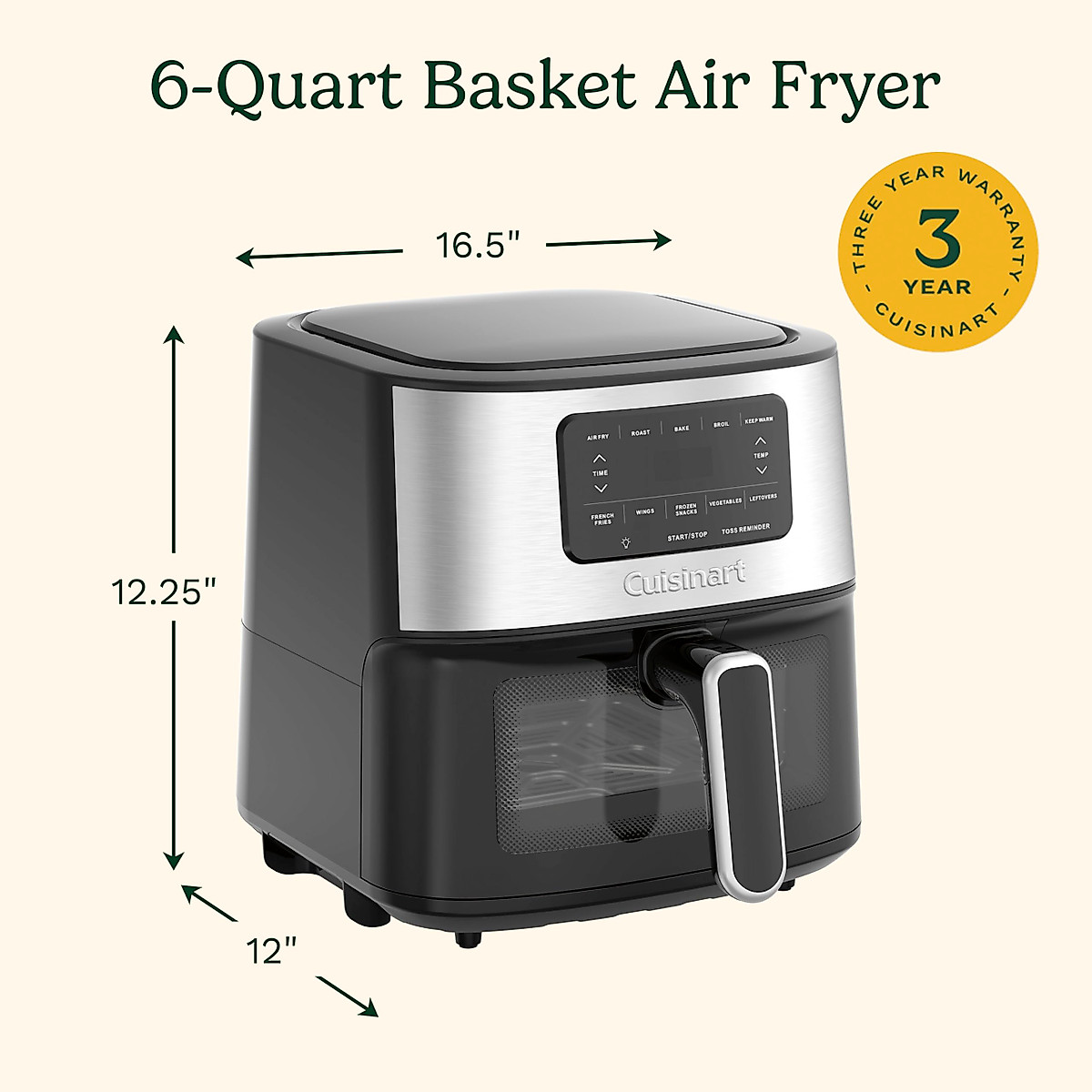 Cuisinart Air Fryer Oven – 6-Qt Basket Stainless Steel Air Fryer – Dishwasher-Safe Air Fryer Toaster Oven Combo with 5 Presets – Roast, Bake, Broil and Air Fry Quick & Easy Meals