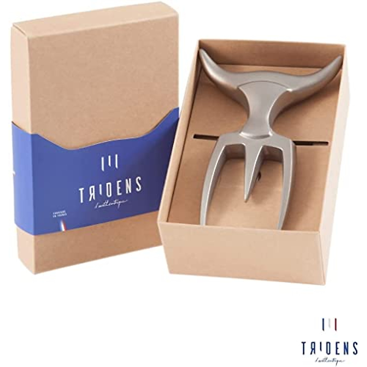 Tridens Hand Finished Ergonomic Vintage Brute Stainless Steel Fork, 165mm / 6.5-in With Beechwood Base, 100% Made In France