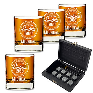 Froolu Personalized Vintage Scotch Whiskey Glasses - Customize Name & Year - 4 Premium Vintage Designs - Gift for Dad, Brother, Son, Husband - Great for Birthday, Anniversary, Christmas - Etched