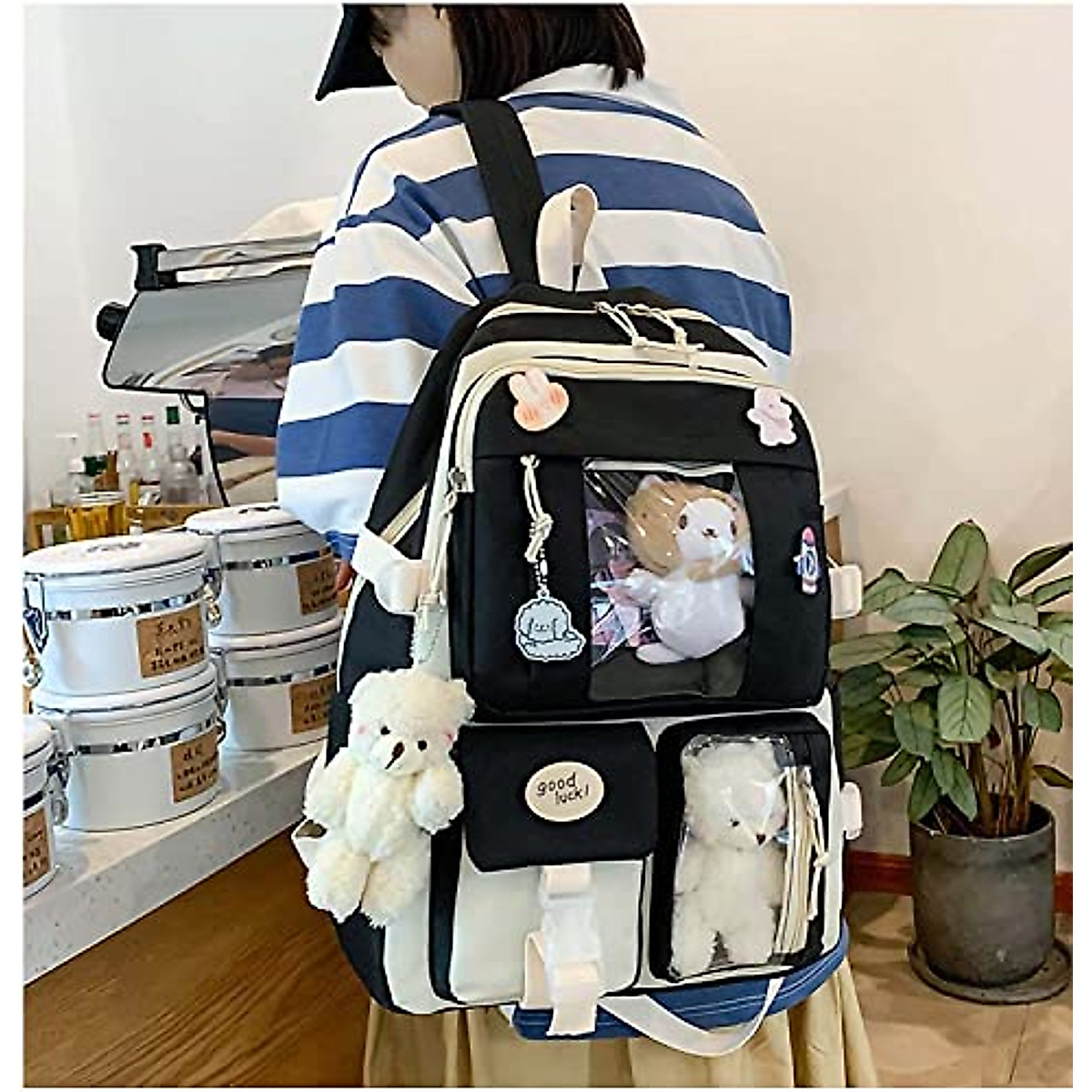 LIEEI Kawaii Backpack 5Pcs Set Cute Backpack Aesthetic Large School Bags with Pendants and Pins, Pen Case, Tote Bag, Small Bag (Black)