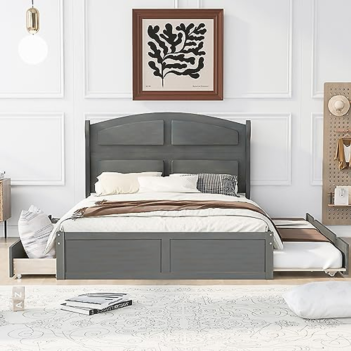 BIADNBZ Queen Size Platform Bed with Twin Trundle and 2 Drawers Underneath, Wooden Bedframe with Headboard, for Bedroom, Antique Gray