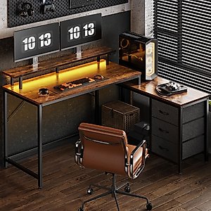 Huuger Reversible L Shaped Computer Desk with Drawers, Gaming Desk with LED Lights and Power Outlets, Office Desk with Storage, Corner Desk with Monitor Stand, for Home & Office, Rustic Brown