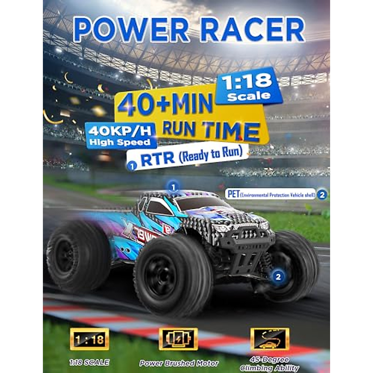 1:18 Scale All Terrain RC Cars, 4WD 40KM/H High Speed Remote Control Car w/2 Batteries for 40 Min Play, 2.4Ghz Off Road Monster Truck, 2.4GHz Electric Vehicle Toys Gifts RC Cars for Adults and Kids