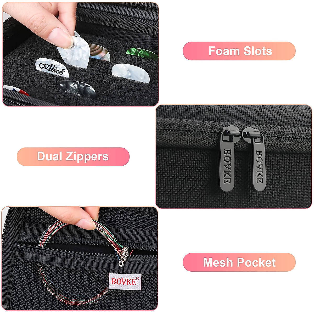 BOVKE Guitar Picks Holder Case for Fender, ChromaCast, D'Addario, JIM DUNLOP, Bolopick, MUSICAL INSTRUMENT All Size Guitar Picks, Mesh Pocket for String Winder, Bridge Pins, Black (Case Only)