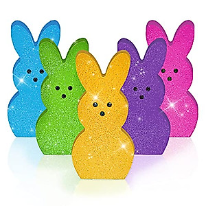 5 Pieces Easter Bunny Wood Signs Glitter Shiny Bunny Shaped Wooden Decor Colorful Rabbit Tiered Tray Decor Spring Table Centerpieces for Easter Party Desk Shelf Home Farmhouse Table Decorations