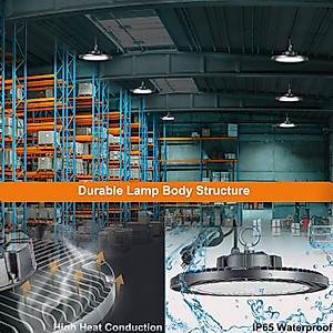 200W LED High Bay Lights, UFO LED High Bay Light, 28,000 LM(Eqv.800W MH/HPS), 5000K Daylight, IP65, 5ft Cable with US Plug, Safe Rope for Garage/Warehouse/Workshop - Pack of 1