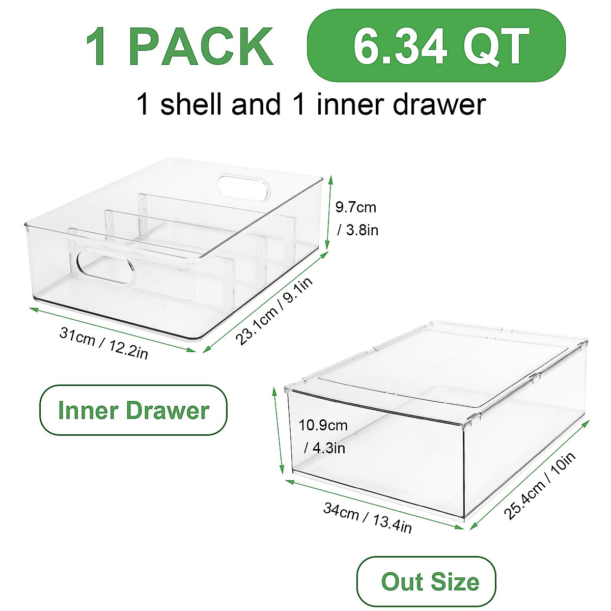 Decorelement Extra Large Refrigerator Organizer Bins with Pull-out Drawer, Stackable Clear Bins with 3 Dividers, Pantry Organization and Food Storage