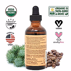 PURA D'OR Organic Castor Oil (4oz + 2 BONUS Pre-Filled Eyelash & Eyebrow Brushes) 100% Pure, Cold Pressed, Hexane Free Growth Serum For Fuller, Thicker Lashes & Brows, Moisturizes & Cleanses Skin