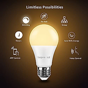 Lepro Smart LED Light Bulbs, Compatible with Alexa & Google Home, 60 Watt Equivalent, Dimmable with App, Warm White 2700K, No Hub Required, A19 E26, 2.4GHz WiFi Only, Pack of 2