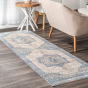 nuLOOM Harriet Vintage Medallion Fringe Runner Rug, 2' 6" x 6', Light Blue