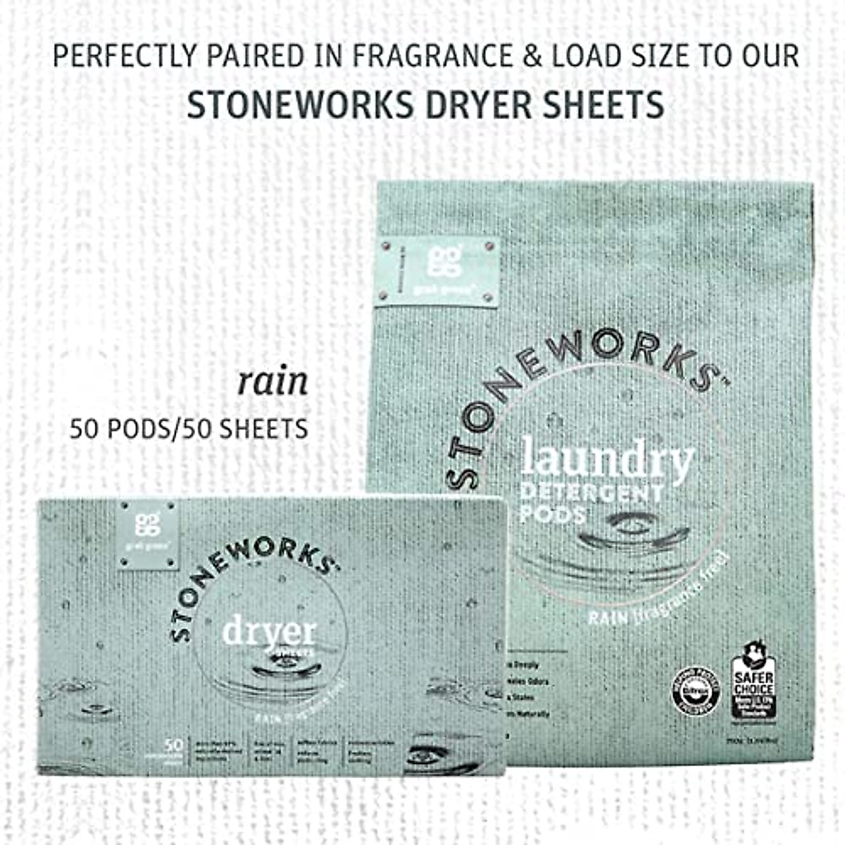 Grab Green Stoneworks Laundry Detergent Pods, Powered by Naturally-Derived Plant & Mineral-Based Powder Pods, Fragrance Free Rain, 50 Count (Pack of 1) Loads-EPA Safer Choice Certified
