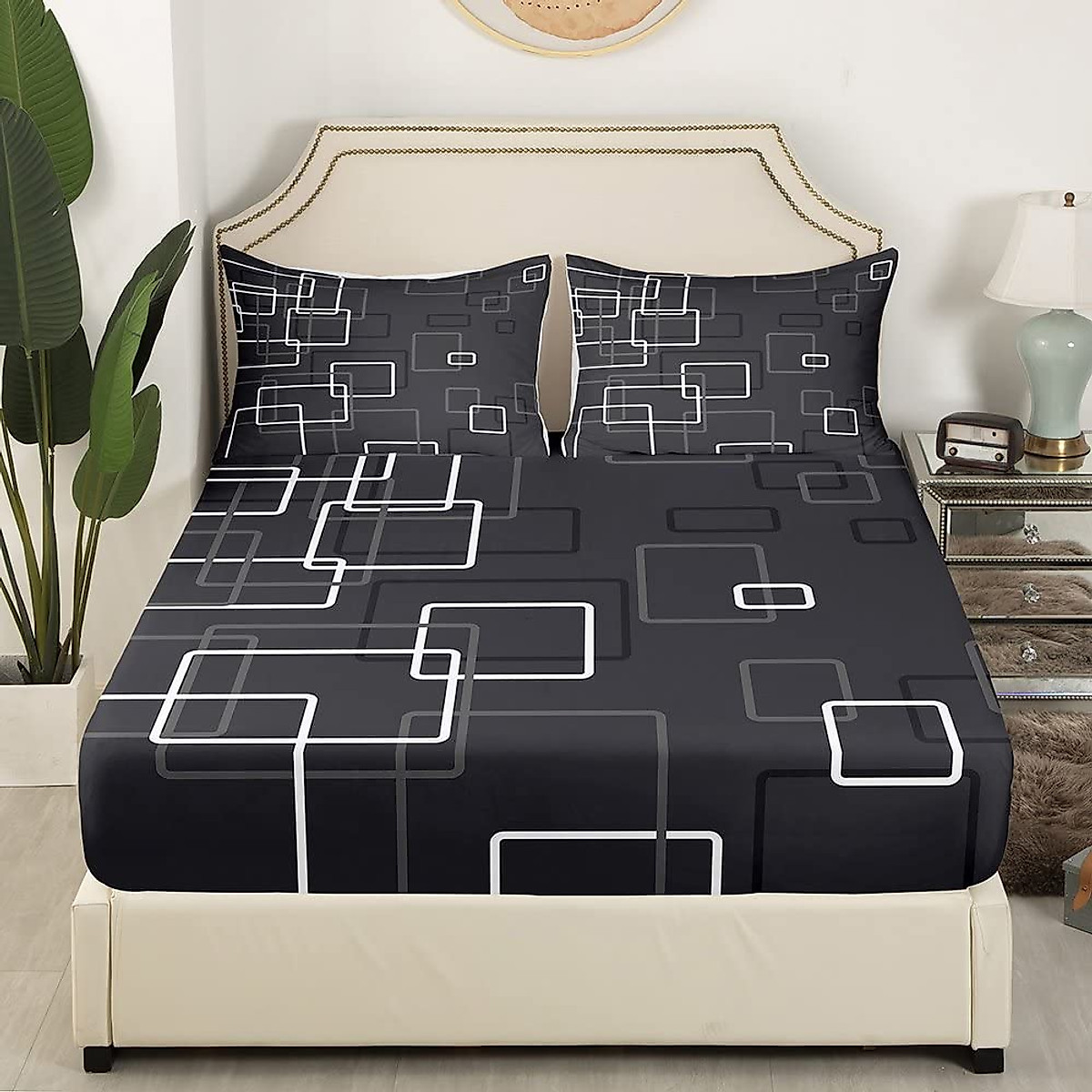 Black Grey White Sheet Set,Geometric Square Bed Sheets for Kids Boys Girls,Geometry Ombre Stripes Bedding Set King,Modern Simple Style Fitted Sheet Wrinkless + Top Sheet + 2 Pillowcases Bedroom Decor