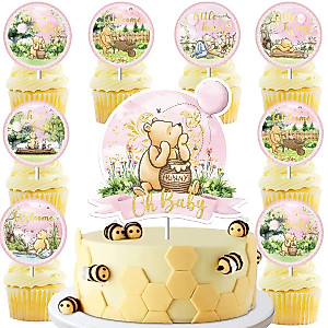 Classic Winnie Cake Toppers for Babyshower Newborn Baby Kids 1st Birthday Party Supplies Watercolor with Pink Balloon the Pooh Theme Cup Cake Toppers for Cake Dessert Table Decor 13pc