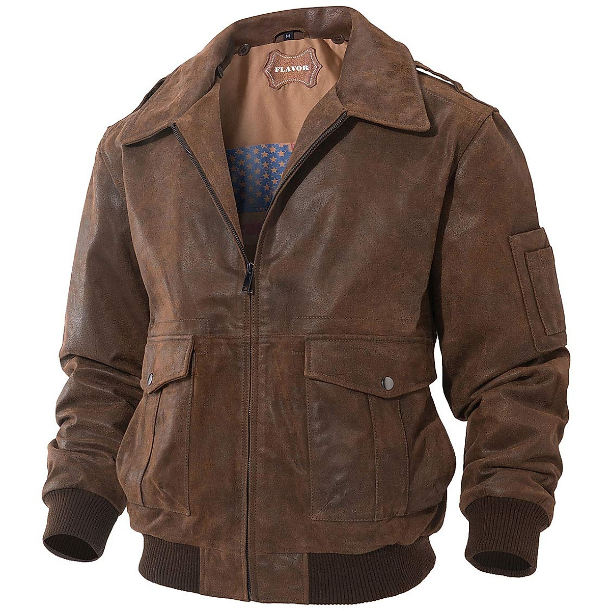 FLAVOR Men's Leather Flight Bomber Jacket Air Force Aviator. (XX-Large, Brown)