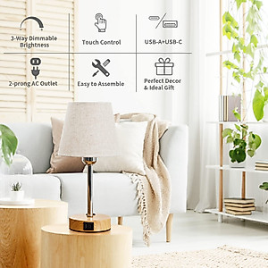 focondot Touch Table Lamps Set of 2-Bulbs Included, Practical Bedside Lamps with USB A+C Ports & 2-Prong AC Outlet, 3-Way Dimmable Nightstand Lamps with Linen Fabric Shade for Home Office Hotel