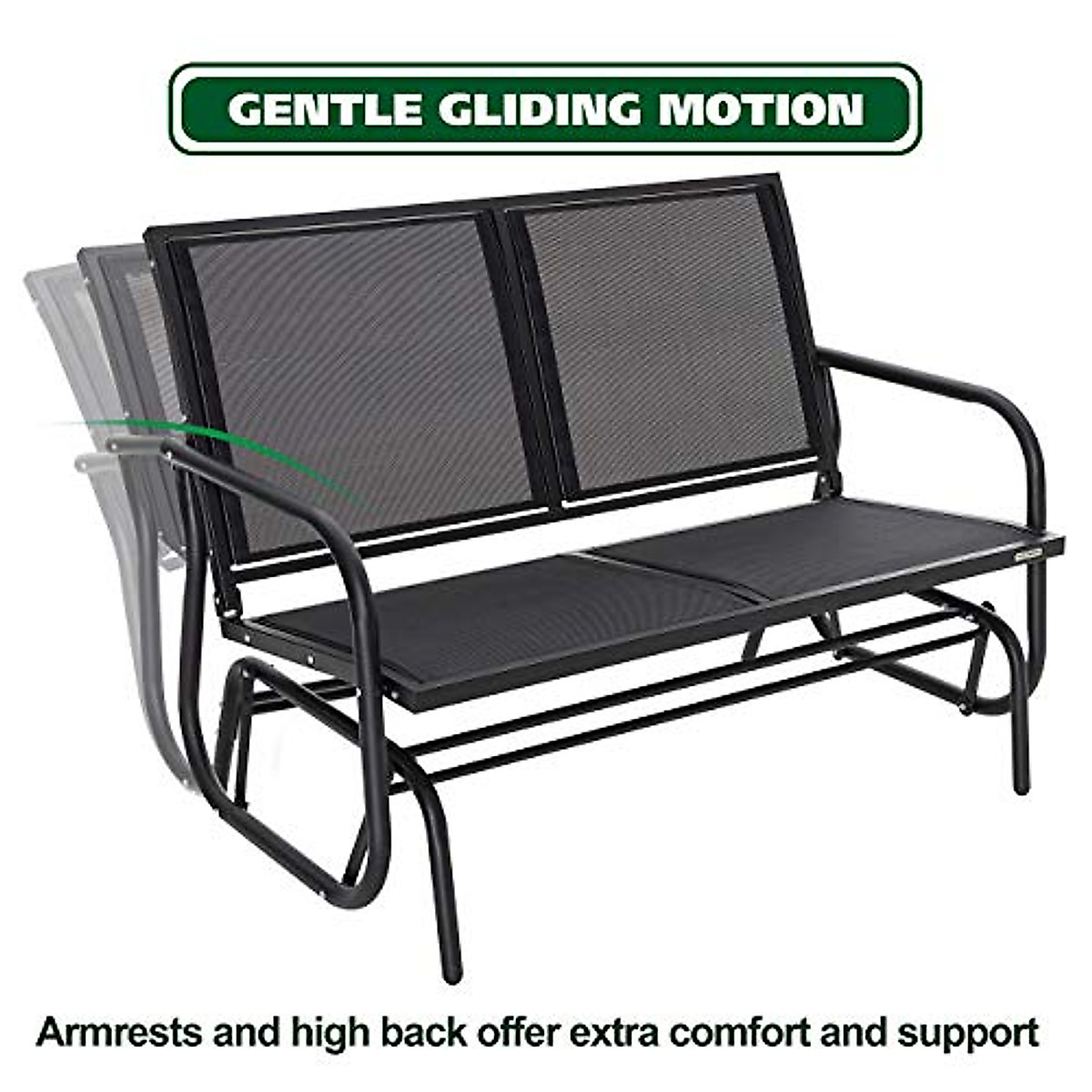 Nuu Garden 2 Seats Outdoor Glider Bench Patio Glider Swing Chair with Powder Coated Steel Frame and Breathable Seat Fabric Outdoor Loveseat, Black