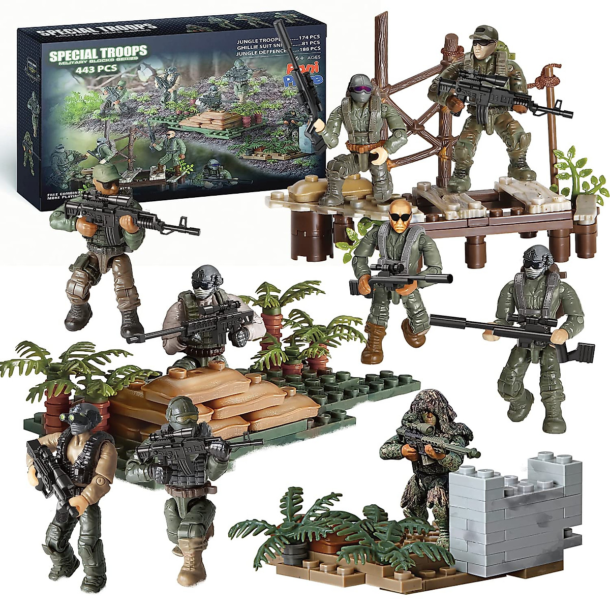 Special Forces US Military Mini Action Figures 3 Army Building Sets 9 soldiers Jungle Troopers Ghillie Suit Sniper Jungle Defence Squad Special Troops Toy10+ Kids & Parents Quality Family Time 443 Pcs