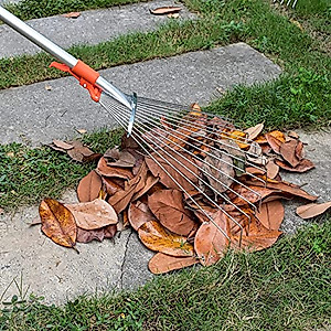 Karveden Adjustable Leaf Rake Garden- Expandable Metal Rakes for Lawns Yard Roof , Outdoor Portable Gardening Tools 8 to 63 Inch Telescopic Rake Easy to Clean Weed, Flowers,Leaves (Orange)
