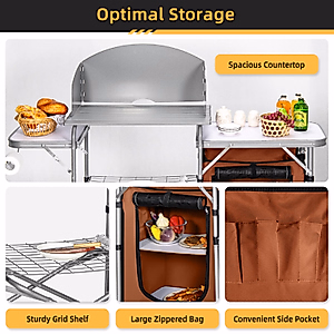 GYMAX Aluminum Portable Camping Kitchen, Folding Cooking Table with 26" Tabletop, Detachable Windscreen & Carrying Bag, Outdoor Grill Table for BBQ, Backyards