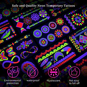 COKOHAPPY 20 Sheets Glow under UV Blacklight Neon Temporary Tattoo, 160+ Styles Neon Accessories for Glow Party, Blacklight, Bachelorette, Waterproof Luminous Fake Tattoo For Women Neno Party Rave Supplies