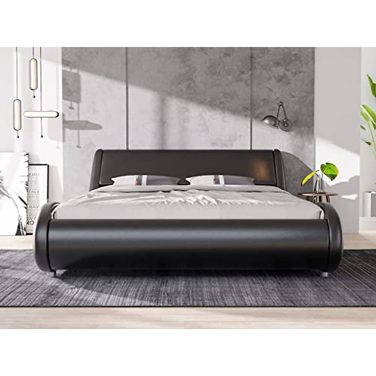 Einfach Queen Size Bed Frame with Ergonomic Adjustable Headboard, Faux Leather Upholstered Low Platform Bed with Curved Design, Sturdy Wooden Slats Support, No Box Spring Needed, Black