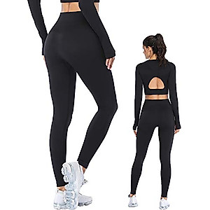 JOLLMONO Workout Sets for Women 2 Piece Yoga Gym Outfits Seamless Ribbed Leggings with Long Sleeve Tops(8003M-Black)