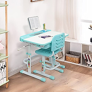 Desk and Chair Set Adjustable Height Desk Chair Writing Drawing Reading Tables with Drawer Storage Bookstand, Blue Green-A