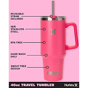 Hurley Tumbler Thermos - 40oz Double Wall Vacuum Insulated Travel Mug with Handle - BPA Free Stainless Steel Water Bottle - Leak Proof Hot and Cold Coffee Car Cup, Size 40 Ounces, Solid Candypop