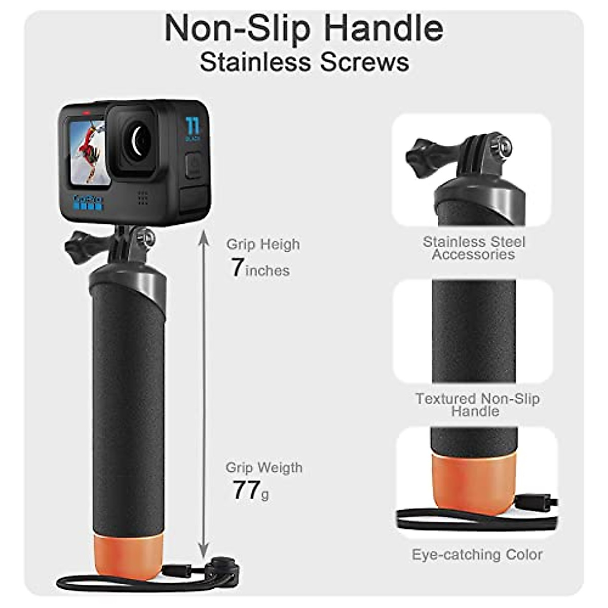 FitStill Waterproof Monopod Floating Hand Grip+Steel cored Safety Wrist Strap Rope for Go Pro Hero Session DJI Osmo and Other Action Cameras.Snorkeling Underwater Diving Selfie Pole Stick