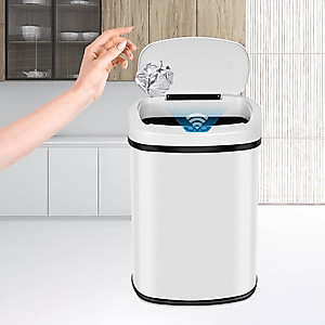 HGS Touchless Trash Can 13 Gallon Automatic Garbage Waste Bin Stainless Steel Trash Can Touch Free Kitchen Garbage Cans with Lid, Sensor Trash Bins for Home Office Living Room Bedroom, White, White