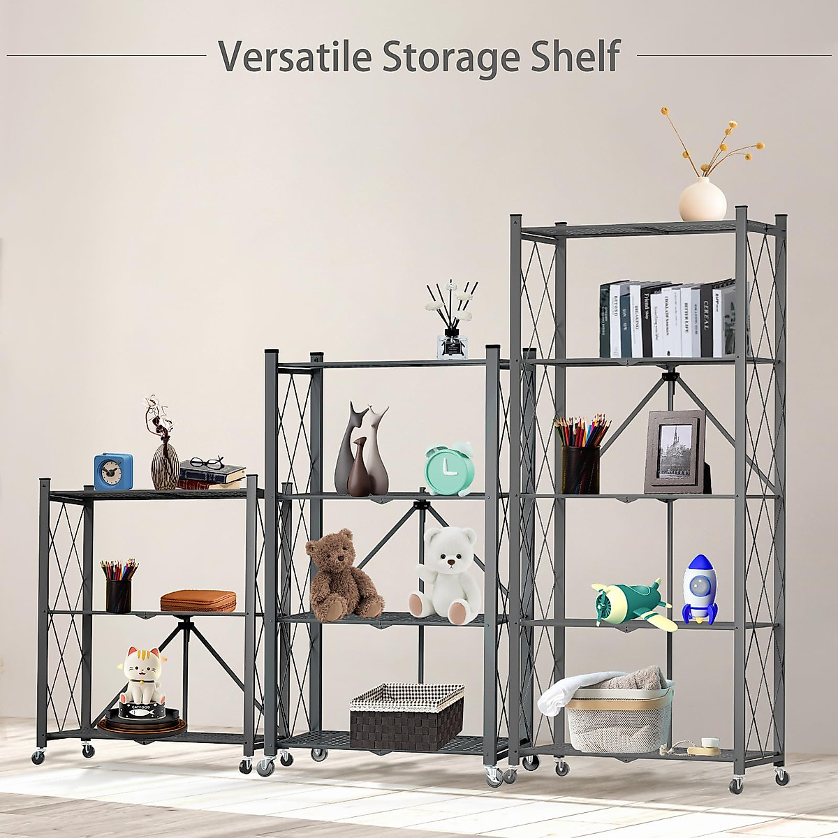 Yuanjimi 4 Tier Foldable Storage Shelf with Wheels, Heavy Duty Garage Shelving Unit Loads 600 LBS, Metal Steel Collapsible Shelves, Rolling Standing Utility Rack for Kitchen, Pantry, Office, Dark Grey