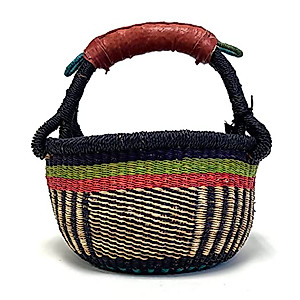 Bolga Zaare Market Basket, Handmade in Ghana Africa by Women Artisans, (Colorful, Mini) (7.5"-8.5" Diameter x 5"-6" H) (1 Basket)