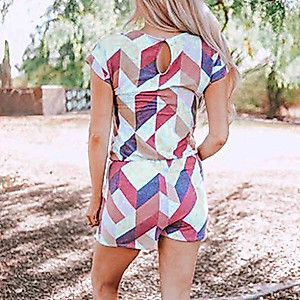 Women's Summer Short Sleeve Romper Mitiy Geometry Printing Casual Rompers with Pockets Loose Jumpsuits