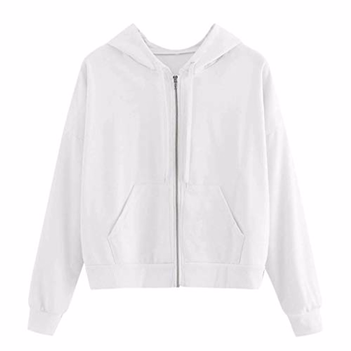 ESKNAS Women Hoodies Autumn Solid Long Sleeve Short Hooded Sweatshirt Zipper Pocket Hoody Jacket(C White,S)