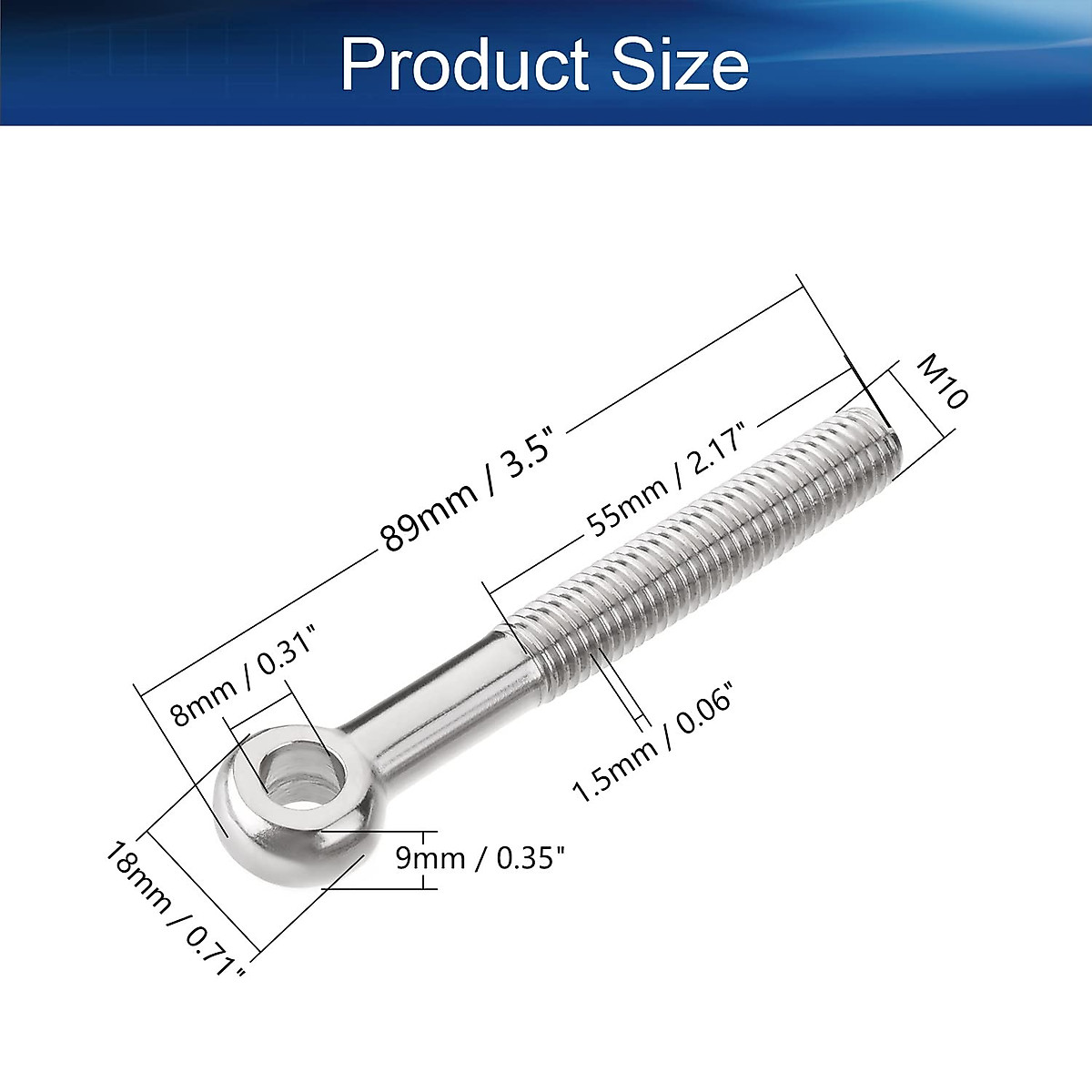 Yinpecly M10x80mm Eye Shape Bolt, 304 Stainless Steel Fish Eye Bolt, Lifting Ring Eye Bolts, 8mm x 18mm(IDxOD) Closed Rod Eye Screw Bolts Metric Thread, 2Pcs