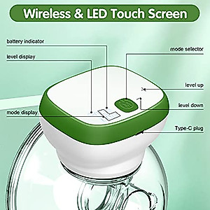 Breast Pump, Hands-Free Wearable Electric Breast Pump Portable Rechargeable LED Display Breastfeeding Breast Pump 3 Modes with 28mm 24mm 21mm Flanges (Green)