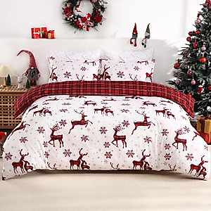 STARBEDIA Christmas Duvet Cover King, Soft Brushed Microfiber Comforter Cover Sets, Reindeer Printed Holiday Theme Bedroom Decorative Bedding (King Size, Red Plaid Deer)