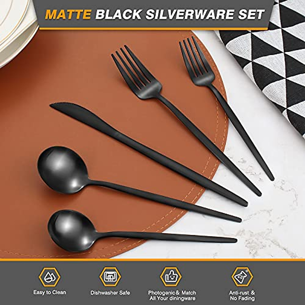 Oliviola 20 Pieces Silverware Set，Matte Black Stainless Steel Flatware Cutlery Set Service for 4, Stain Finish Kitchen Utensil Set，Include Dinner Knives Forks and Spoons Silverware, Dishwasher Safe